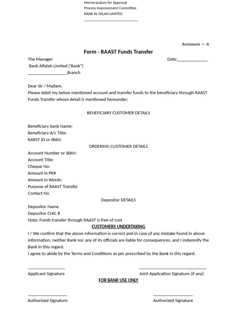 RAAST Funds Transfer Form - Bank Alfalah | PDF