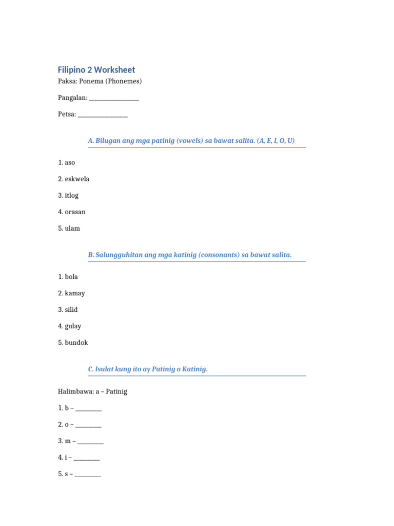 Filipino 2 Worksheet Ponema | PDF