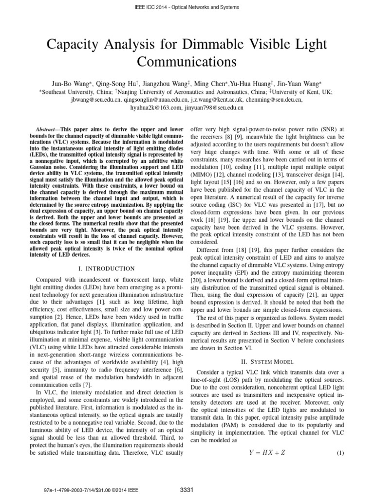 2014 - Capacity Analysis For Dimmable Visible Light Communications ...