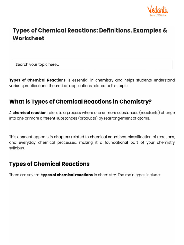 Types of Chemical Reactions - Definitions, Examples & Worksheet | PDF