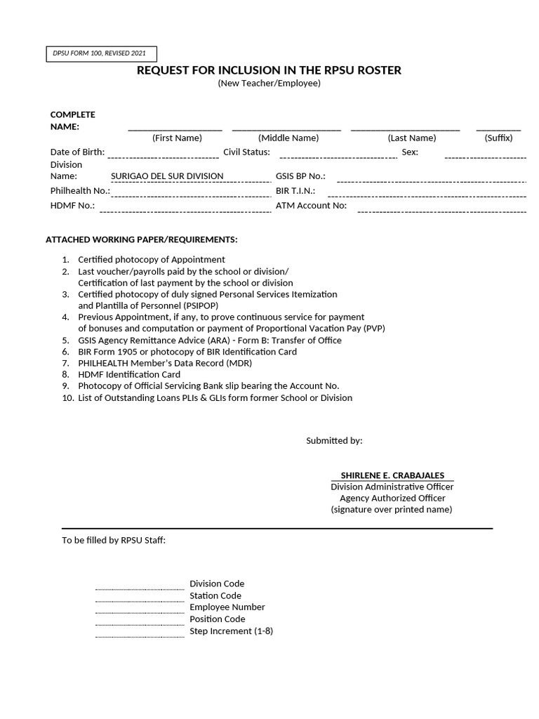 Request For Inclusion in The RPSU Roster New Teacher Employee | PDF