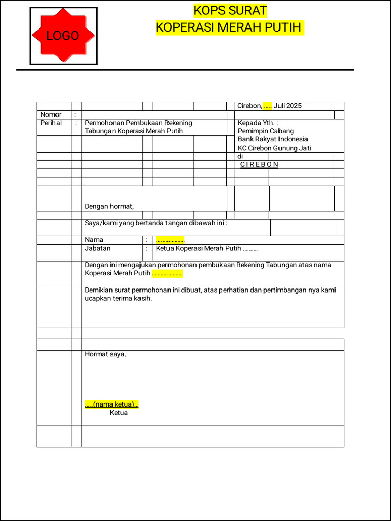 Surat Permohonan Buka Rekening Koperasi Merah Putih | PDF