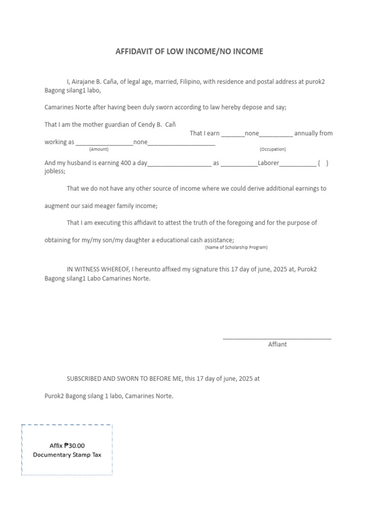Affidavit of Low Income-No Income | PDF