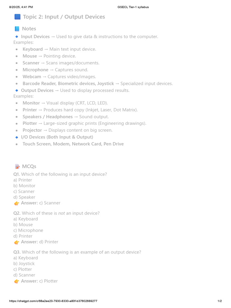 Input and Output Devices Overview | PDF