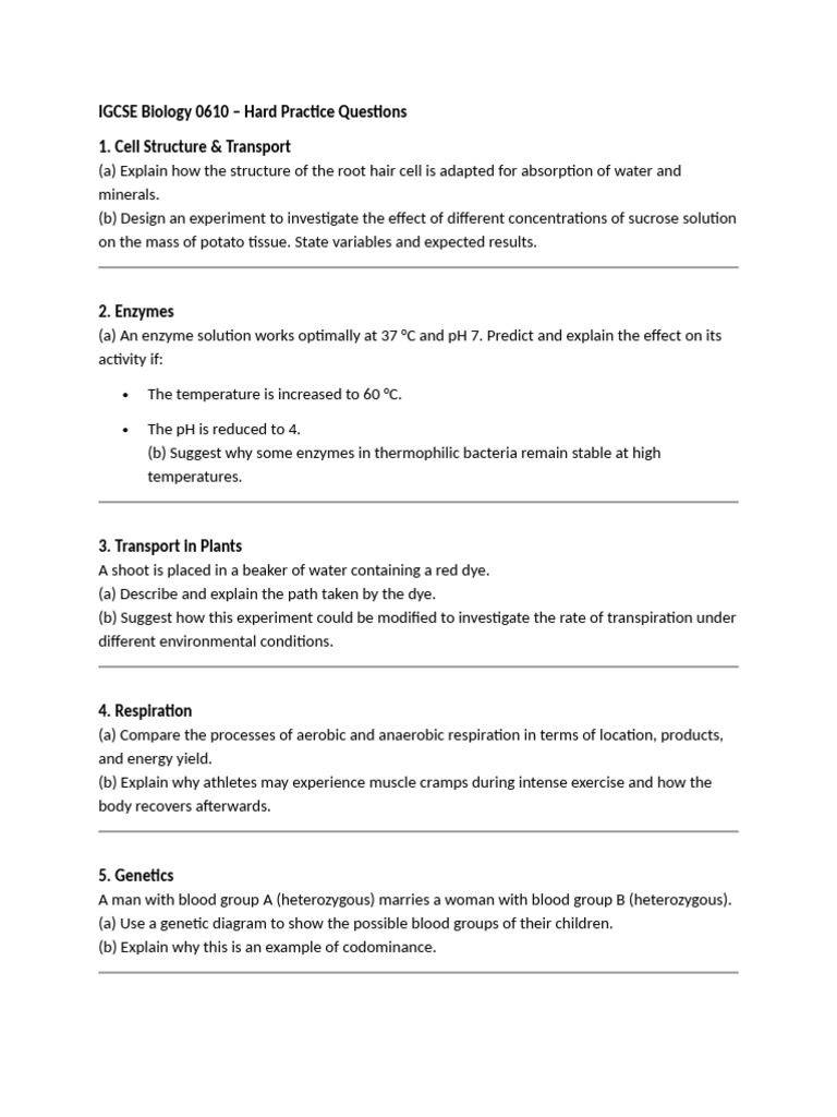 IGCSE Biology 0610 Hard Practice Questions | PDF