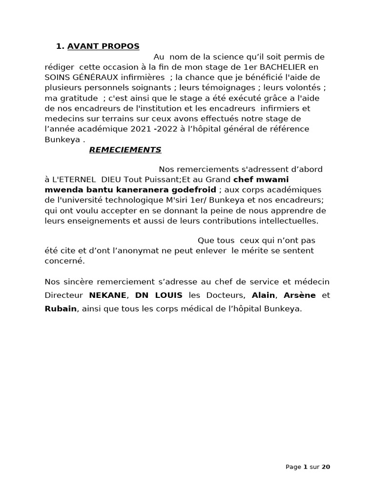 Rapport de stage en soins infirmiers à Bunkeya | PDF | Hôpital ...