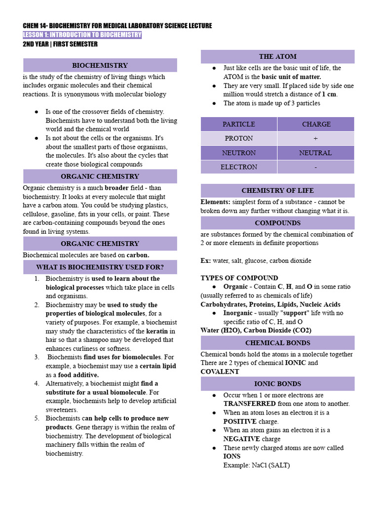 Biochemistry Lec Lesson 1 | PDF | Biochemistry | Chemistry