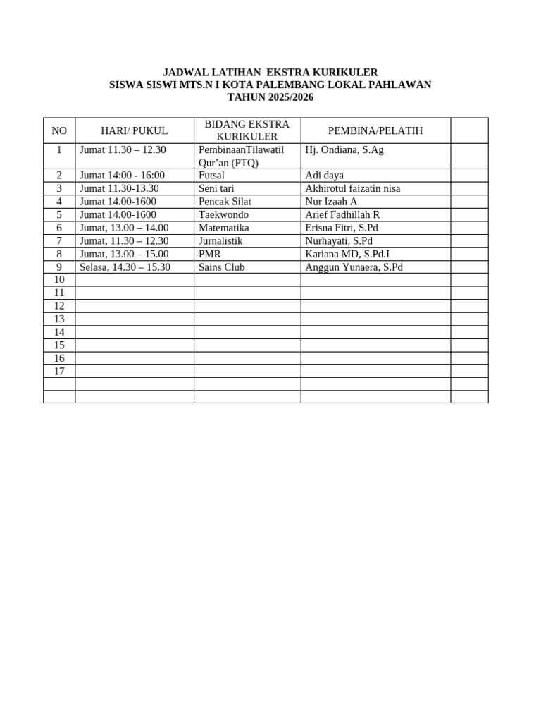 Jadwal Latihan Ekstra Kurikuler Pahlawan-1 Salinan-1-3 | PDF
