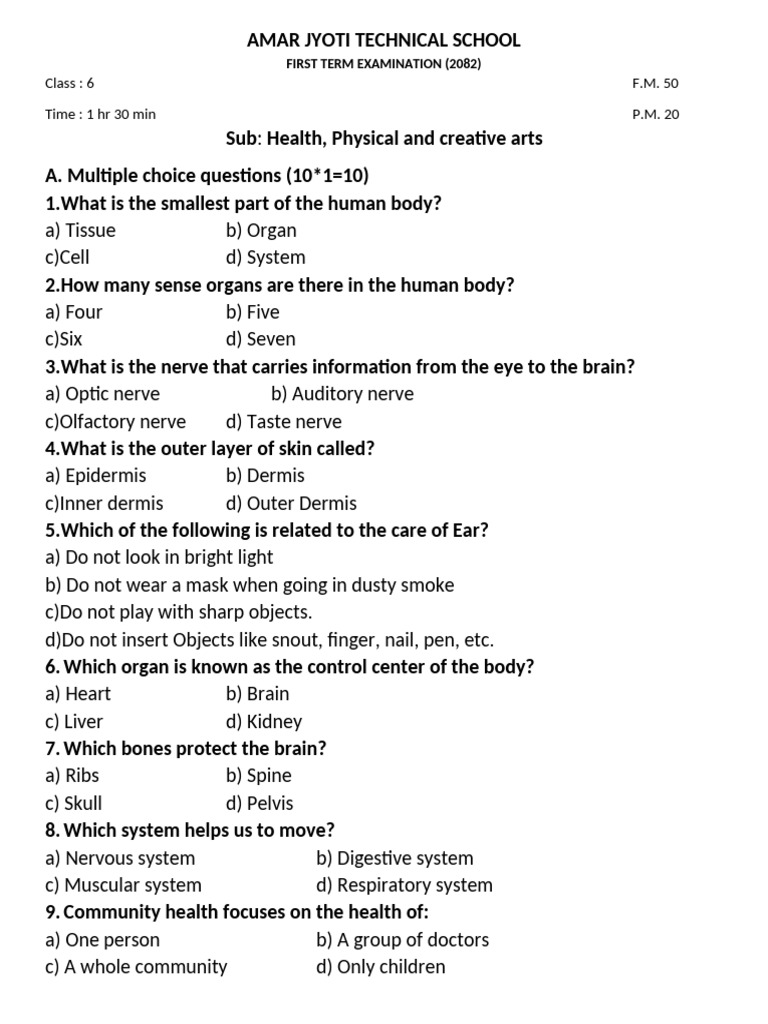 Class 6 Health Exam Paper 2082 | PDF | Nerve | Morphology (Biology)