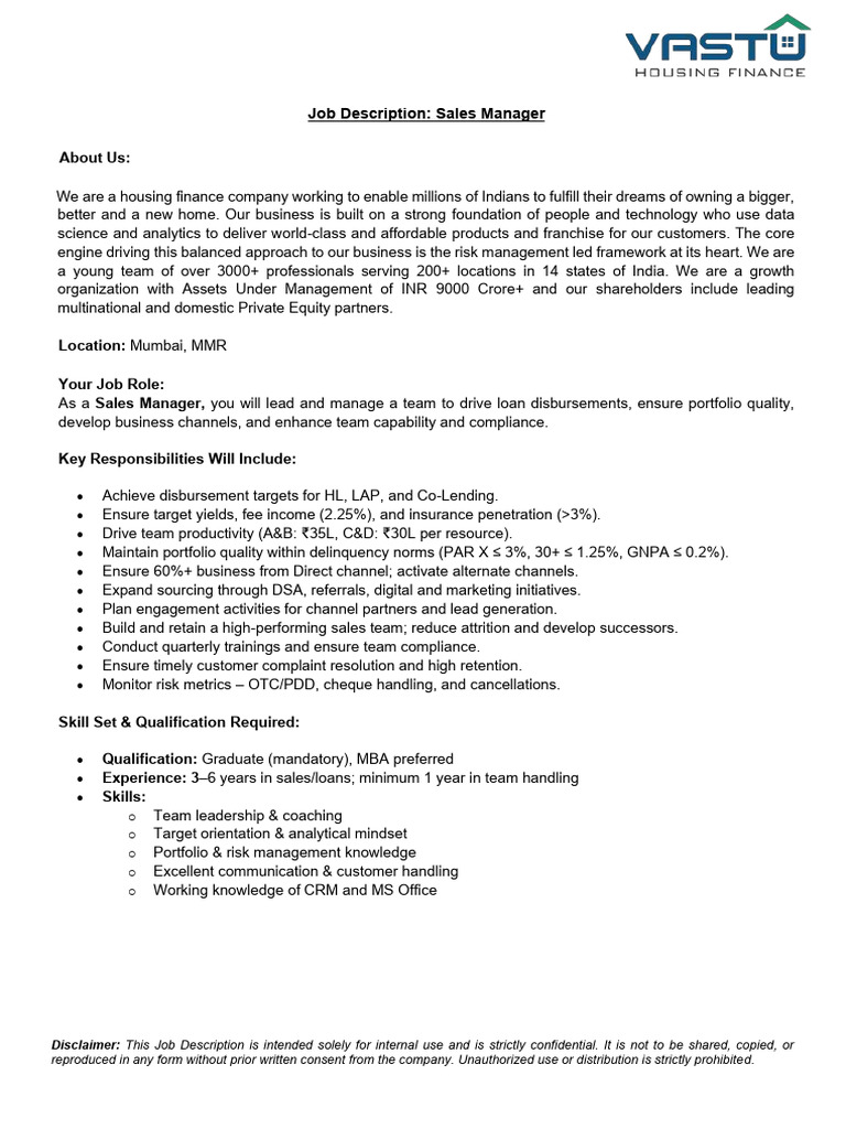 Vastu JD For Sales Manager | PDF | Business | Economies