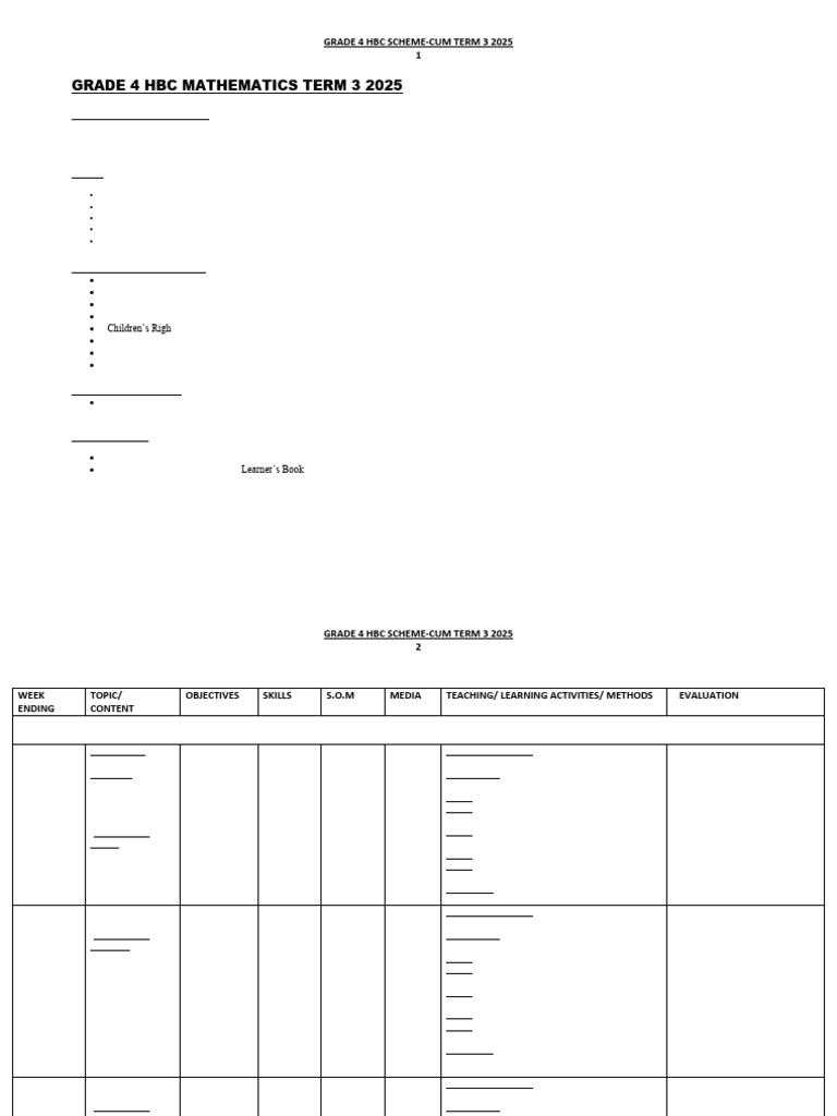 Grade 4 HBC Mathematics Term 3 2025 | PDF | Area | Teachers