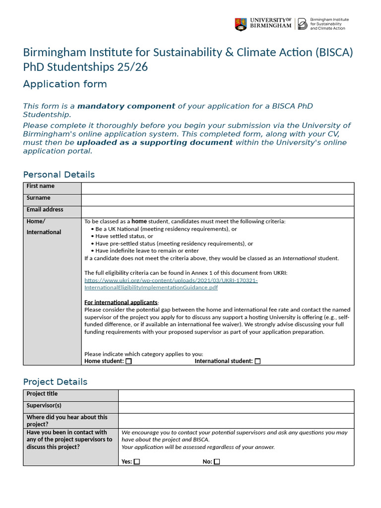 BISCA PHD Studentships - Application Form 25 - 26 | PDF | Doctor Of Philosophy | Academic Degree