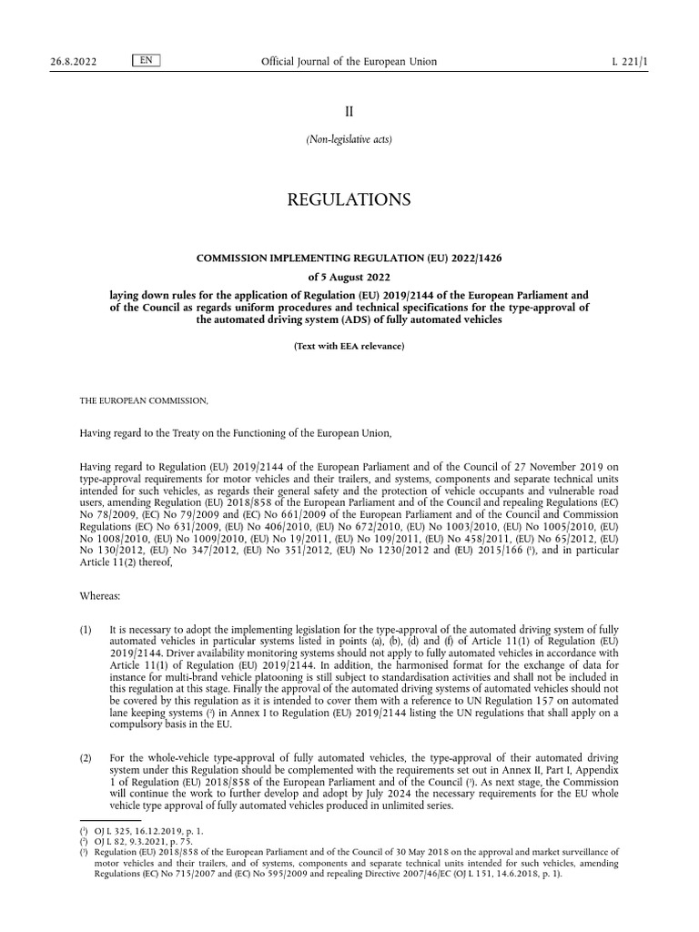 Implementing Regulation 2022-1426 - ADS | PDF | Traffic | Risk