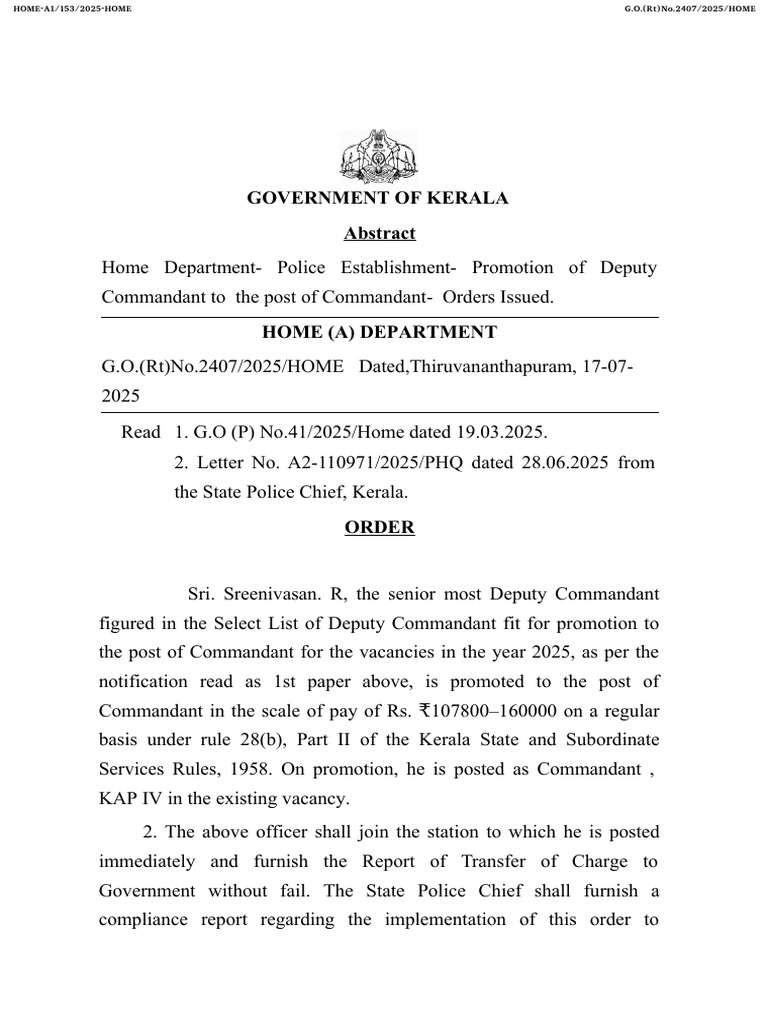 Kerala Police Commandant Promotion Order | PDF | Government ...