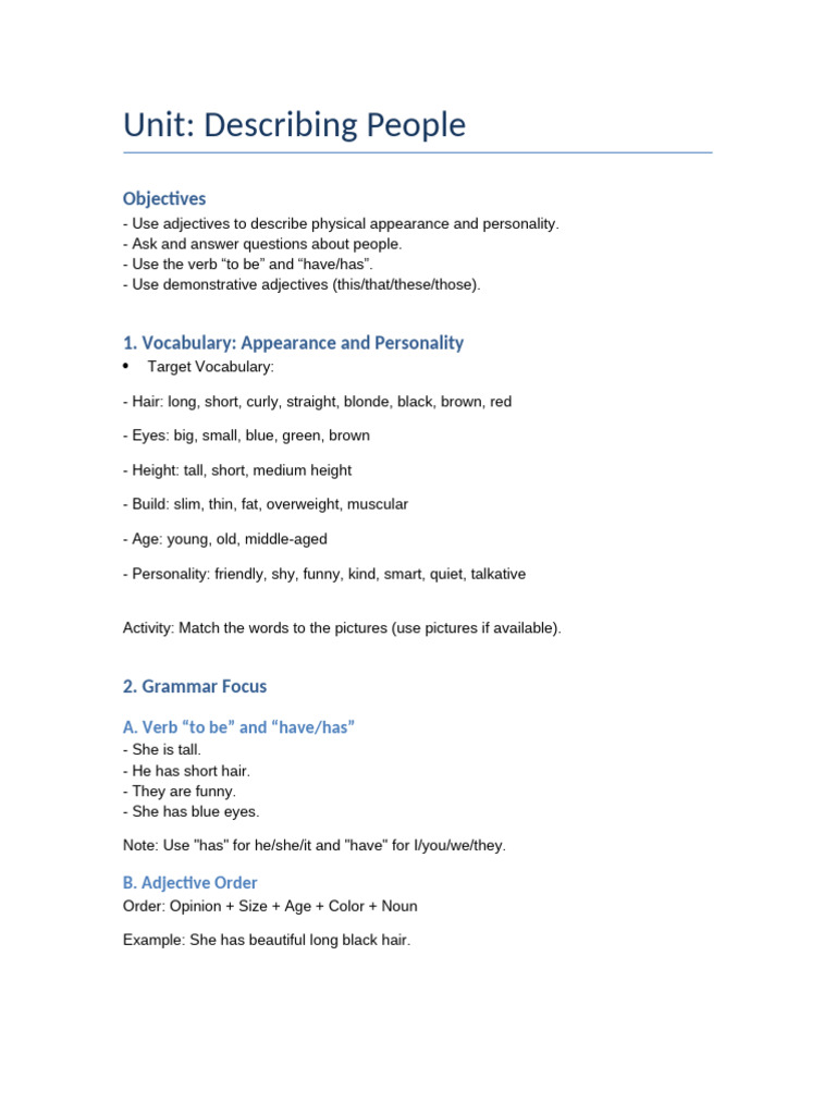 Describing People Unit | PDF