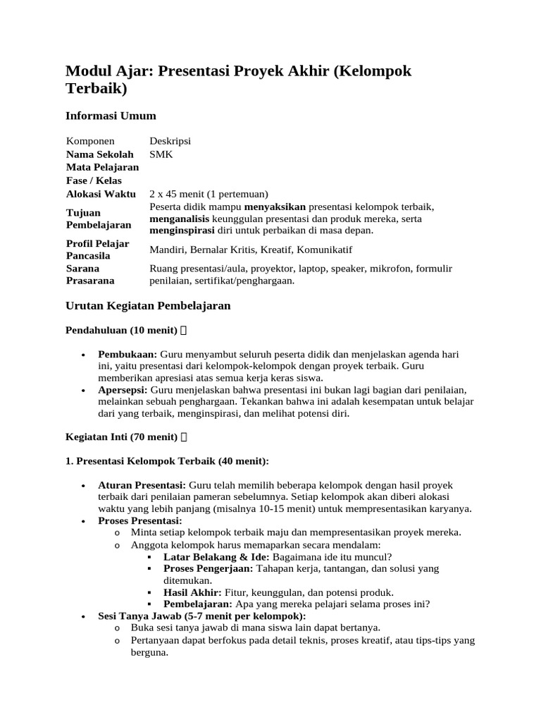 Modul Ajar Presentasi Proyek Akhir (Kelompok Terbaik) | PDF
