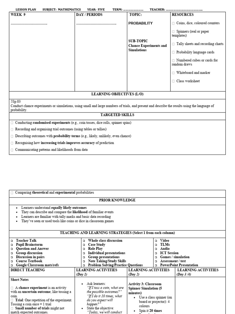 Probability Lesson Plan for Year 5 | PDF | Probability | Experiment