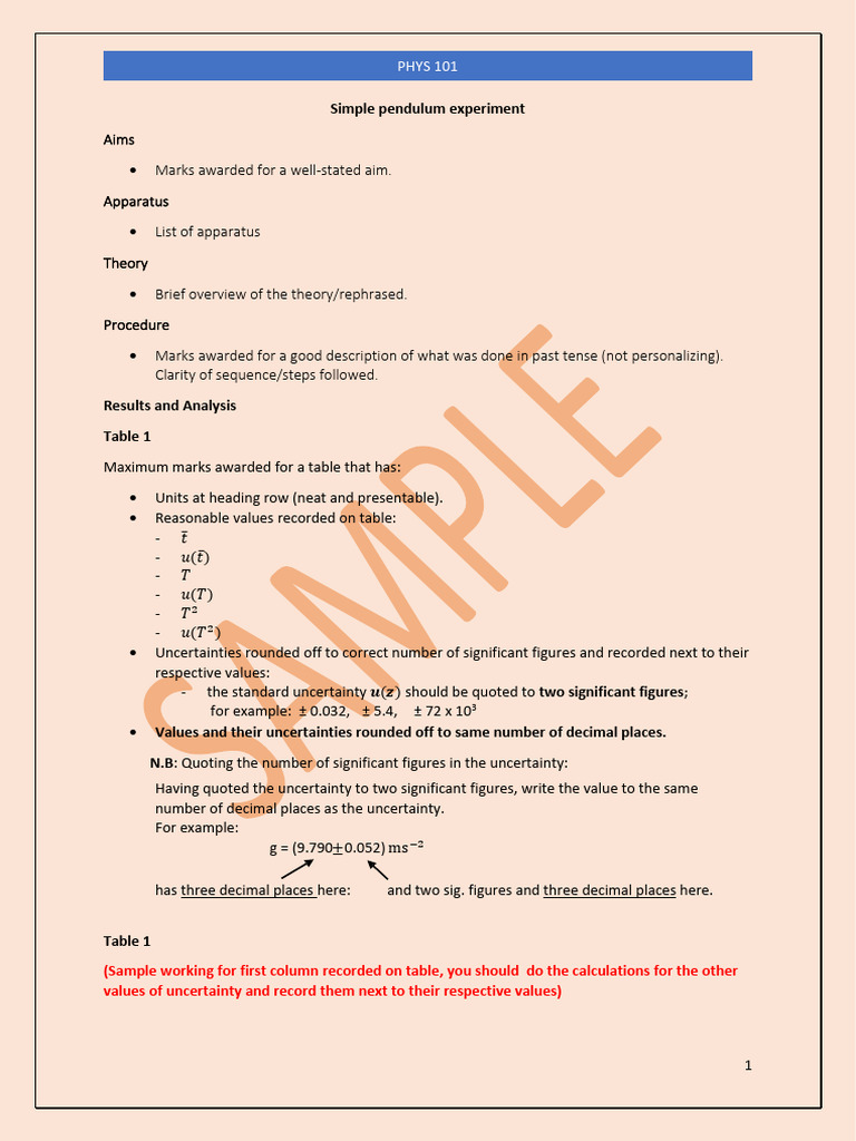 SAMPLE -LAB REPORT(SIMPLE PENDULUM EXPERIMENT) | PDF | Significant ...