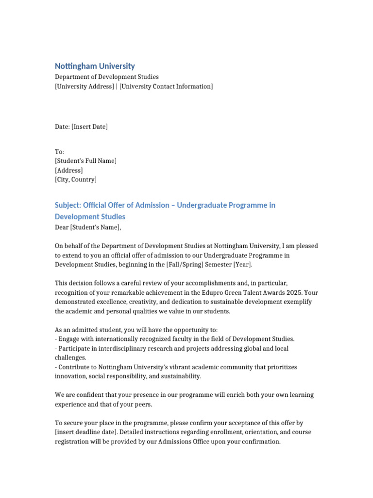 Nottingham Admission Offer Letter | PDF
