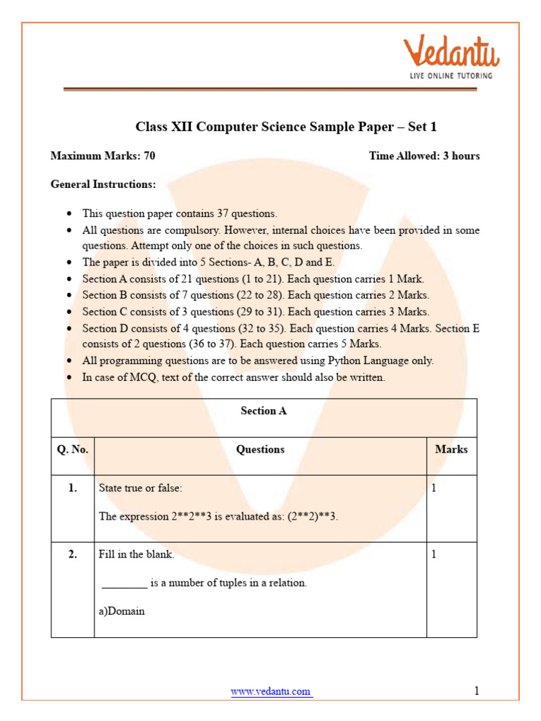 CBSE Class 12 Computer Science Sample Paper Set 1 | PDF | Computer Programming | Computer Science