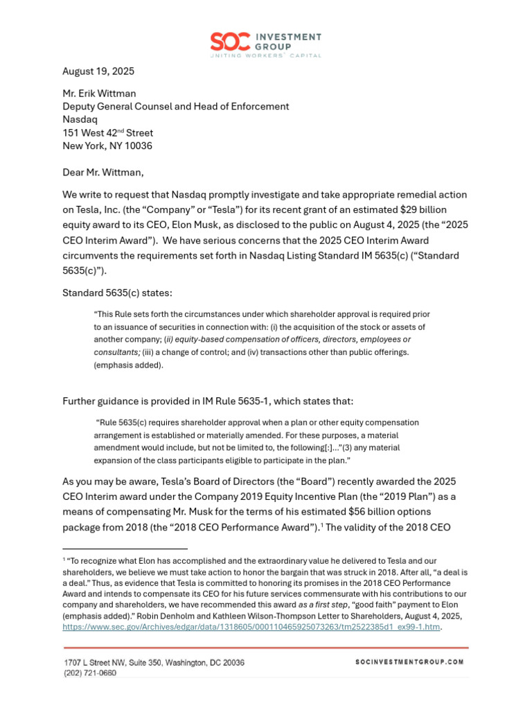 Nasdaq Inquiry on Tesla's CEO Award | PDF | Elon Musk | Business