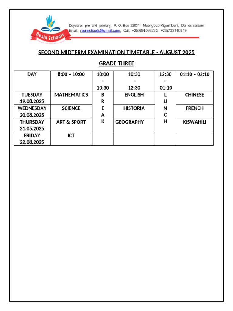 Second Midterm Timetable - Grrade 3 | PDF