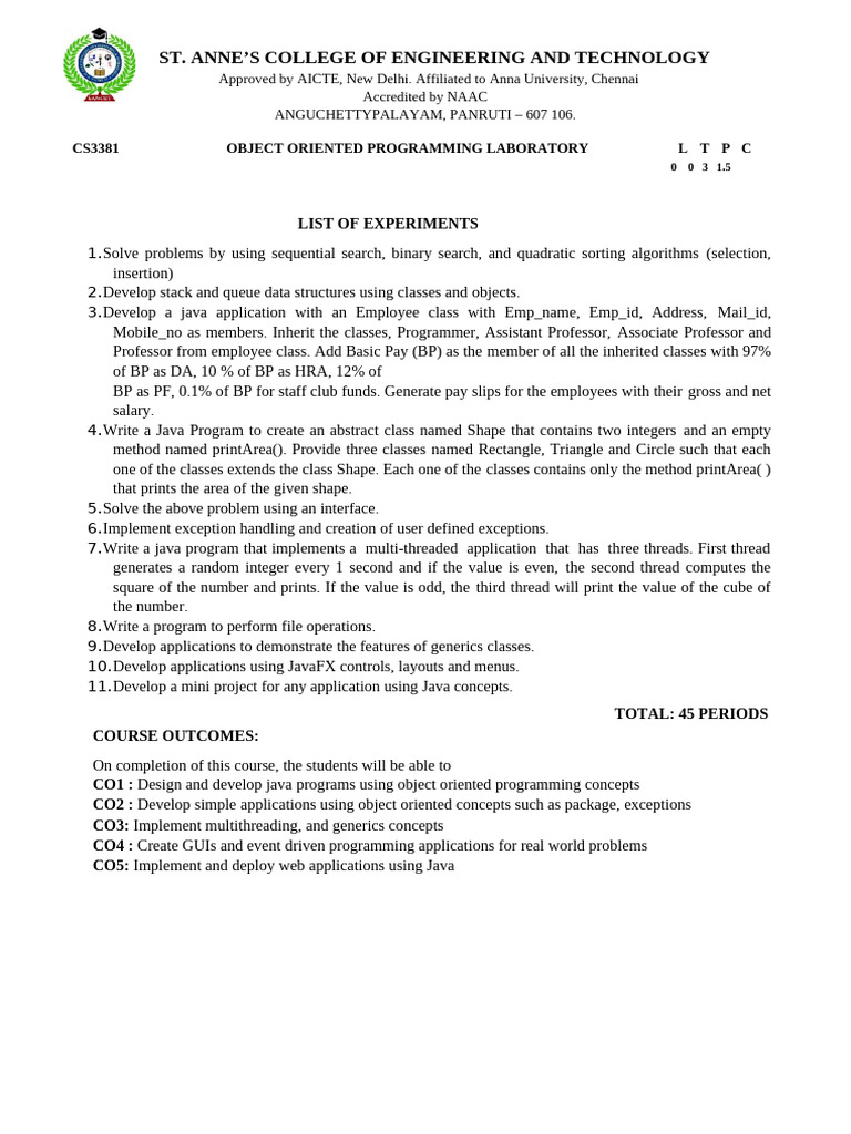 CS3381 Oop Lab List of Experiments | PDF | Class (Computer Programming) | Object Oriented ...