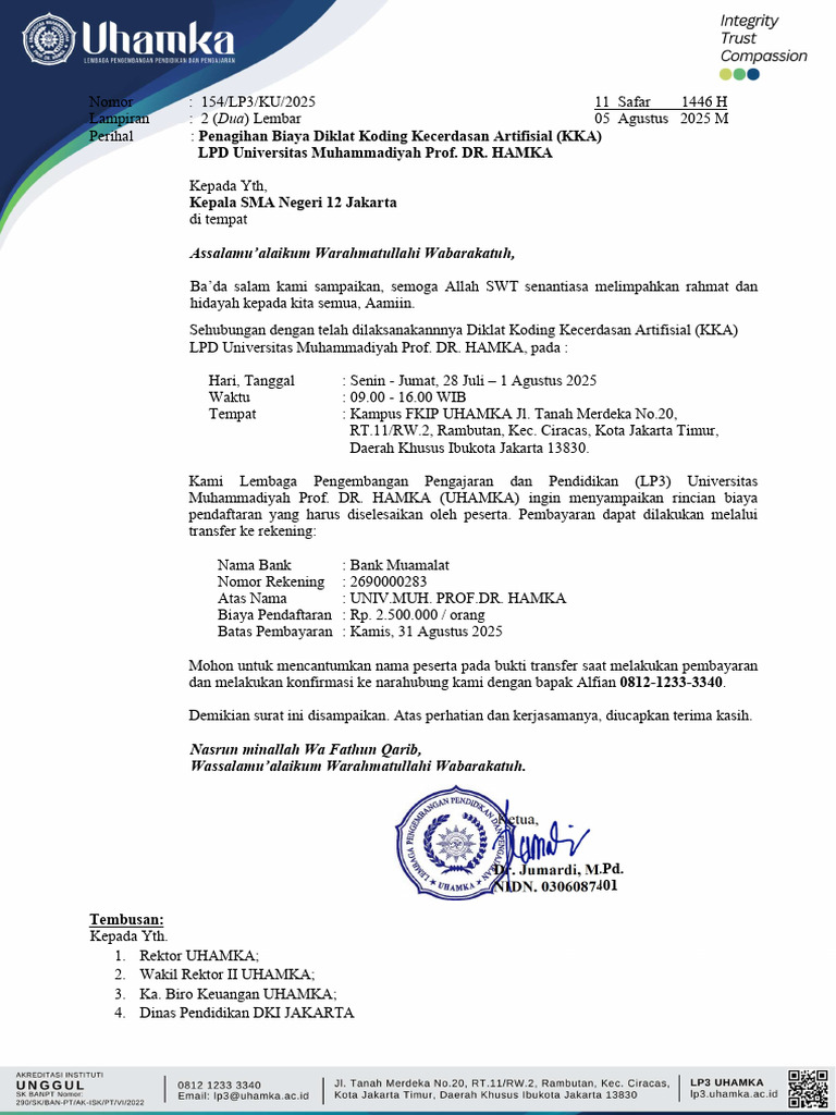 Asep Syarifudin Surat Tagihan Biaya Pendaftaran Peserta LPD Dan KA UHAMKA 28 Juli - 1 Agustus ...