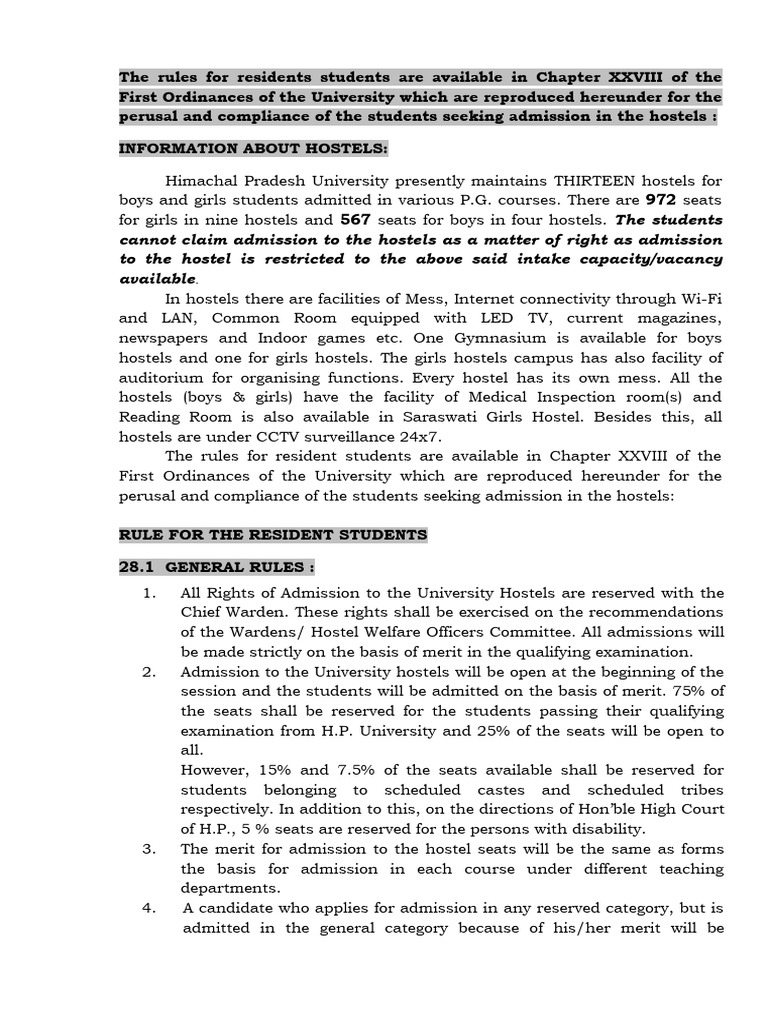 Himachal Pradesh University Hostel Rules | PDF | Dormitory