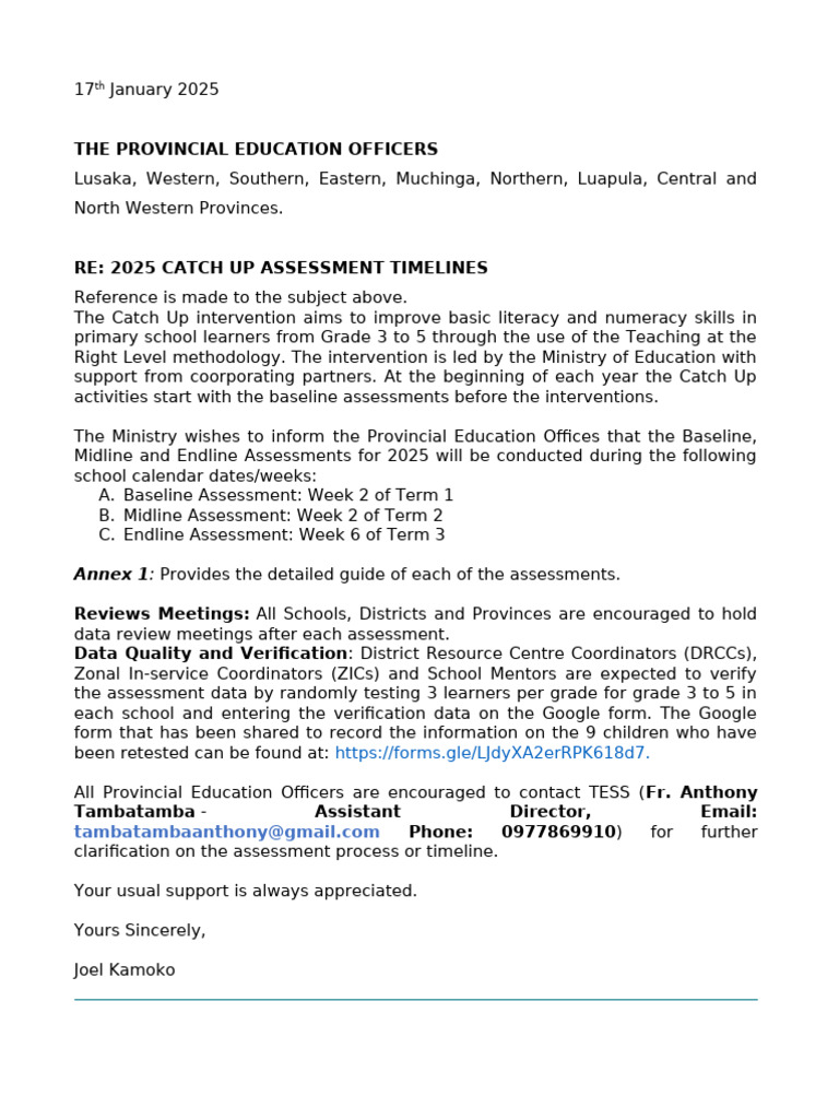 2025 Catch Up Assessment Timelines Letter | PDF | Learning