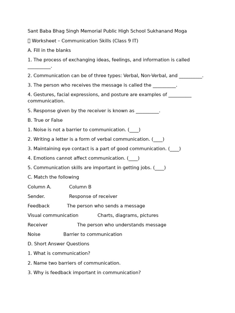 Class 9 Communication Skills Worksheet | PDF