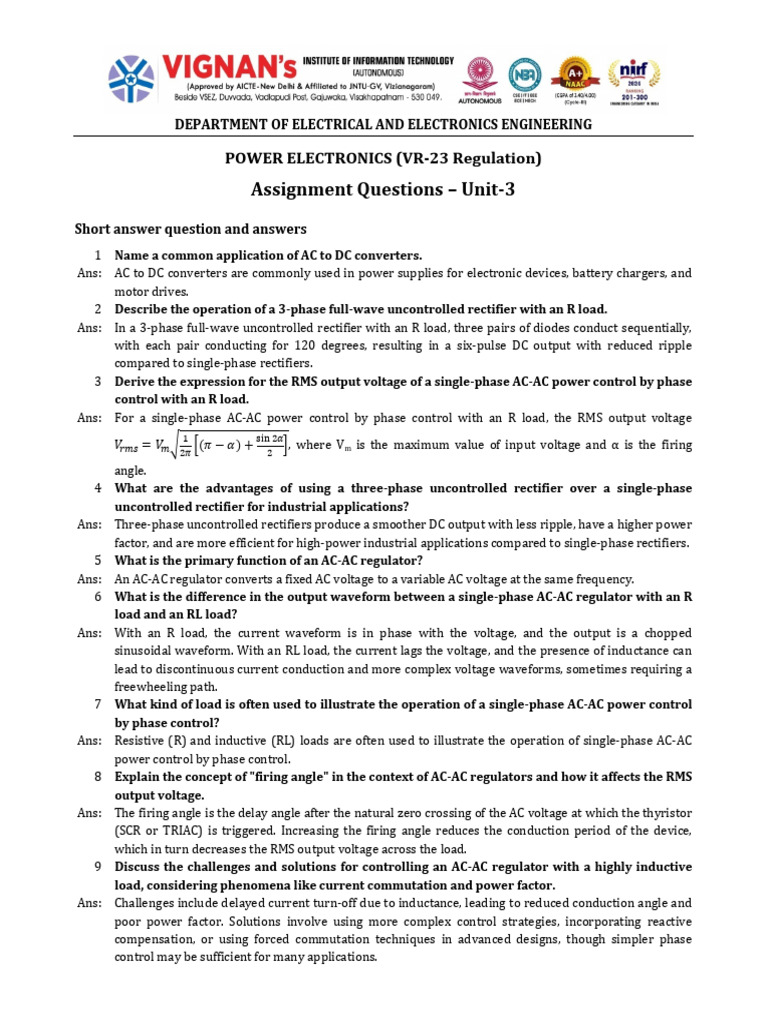 Power Electronics Assignment Unit-3 | PDF | Rectifier | Power Electronics