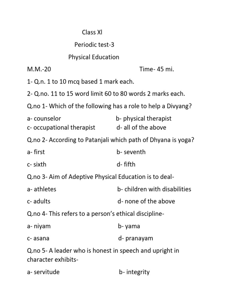 Physical Education XL Periodic Test-3 | PDF
