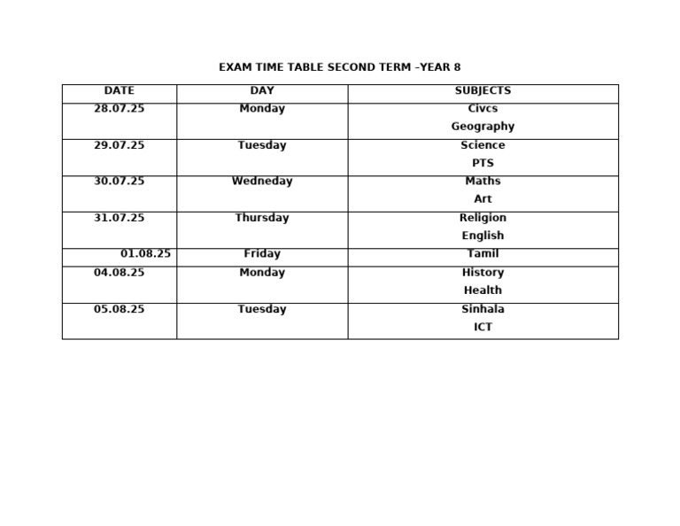 Exam Time Table | PDF