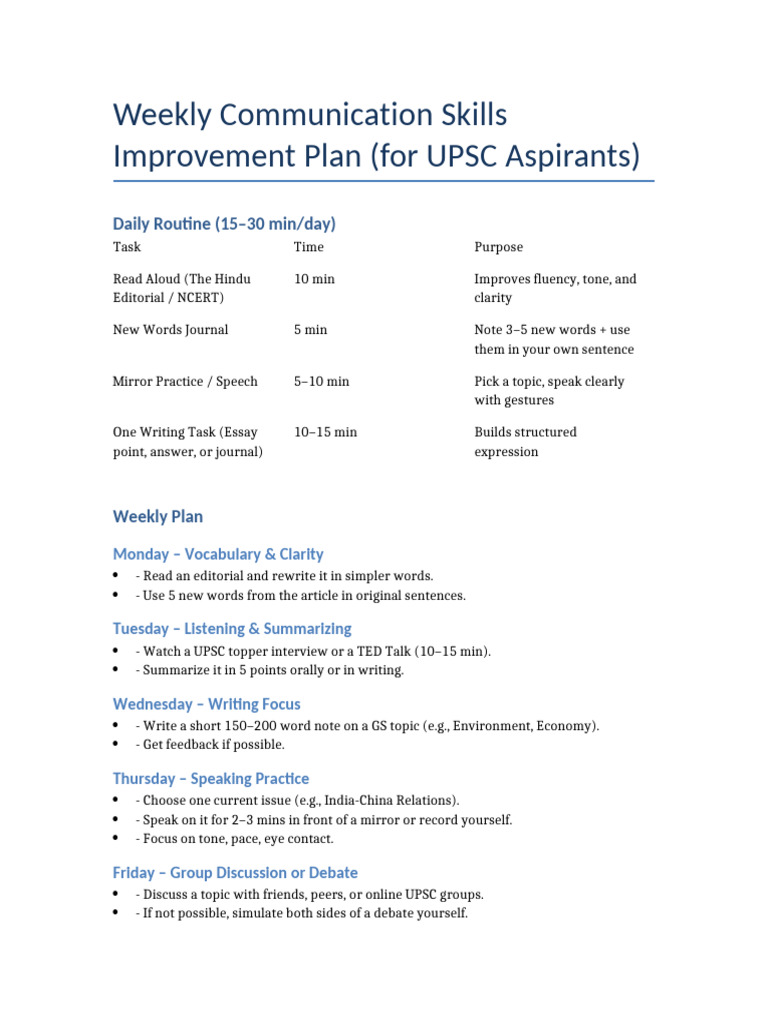 Communication Skills Weekly Plan UPSC | PDF