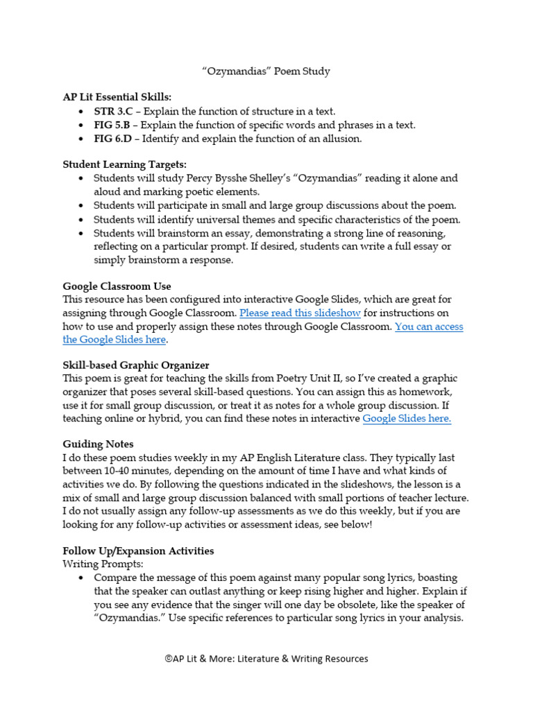 Ozymandias Poem Study Guide | PDF | Poetry | Learning