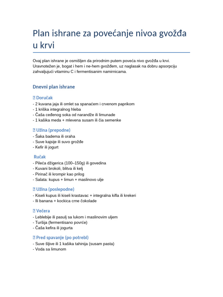 Plan Ishrane Povecanje Gvozdja | PDF