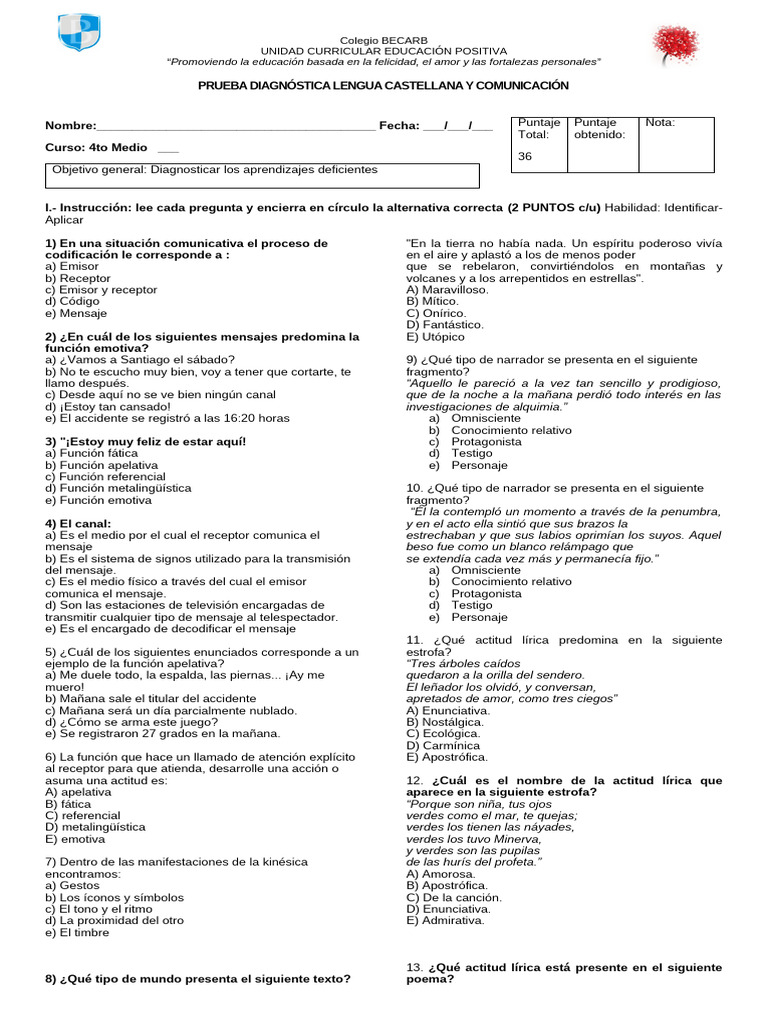 Prueba Diagnóstica Lengua Castellana 4to Medio | PDF