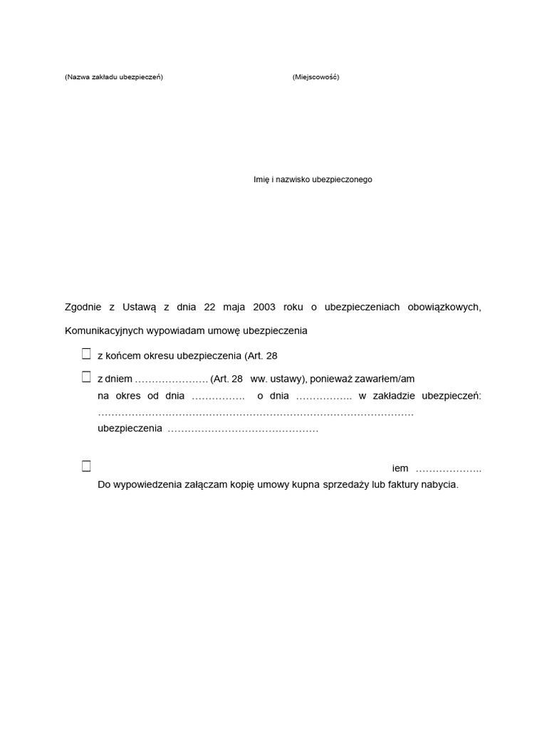 Wzór Wypowiedzenia OC | PDF