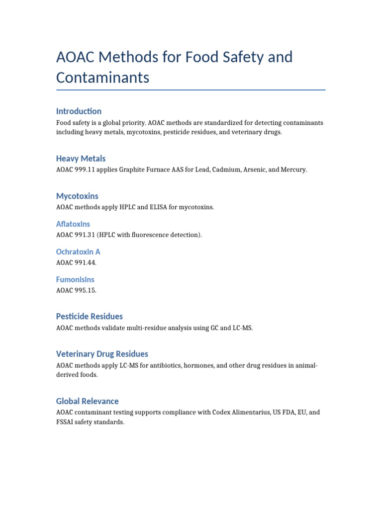 AOAC Methods for Food Contaminants | PDF