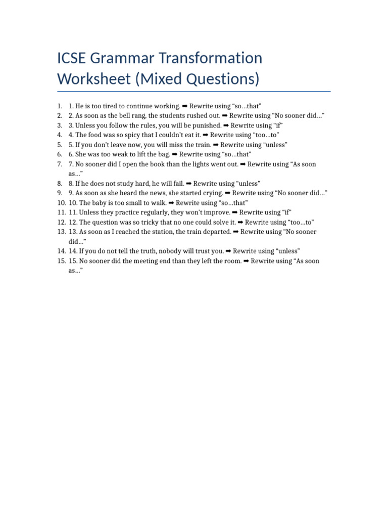 ICSE Mixed Transformation Worksheet | PDF