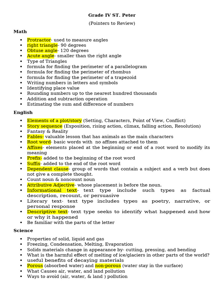 Grade 4 Review: Key Concepts and Skills | PDF | Spreadsheet | Word