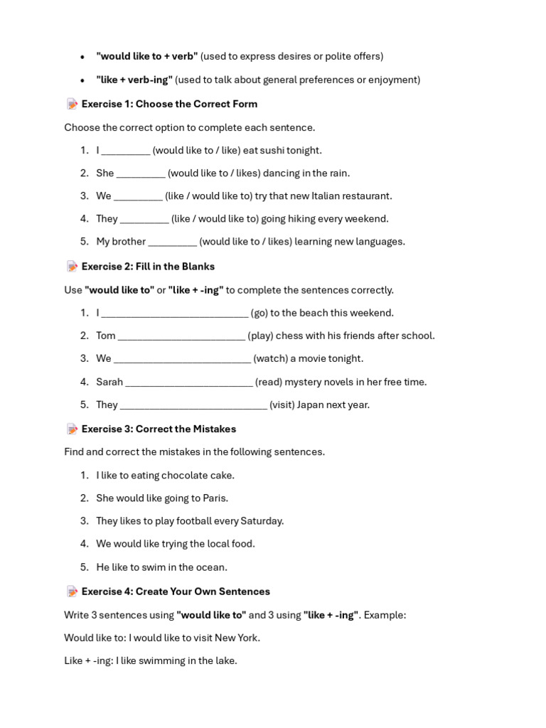 Exercises on "Like" vs "Would Like" | PDF | Chess | Chess Theory
