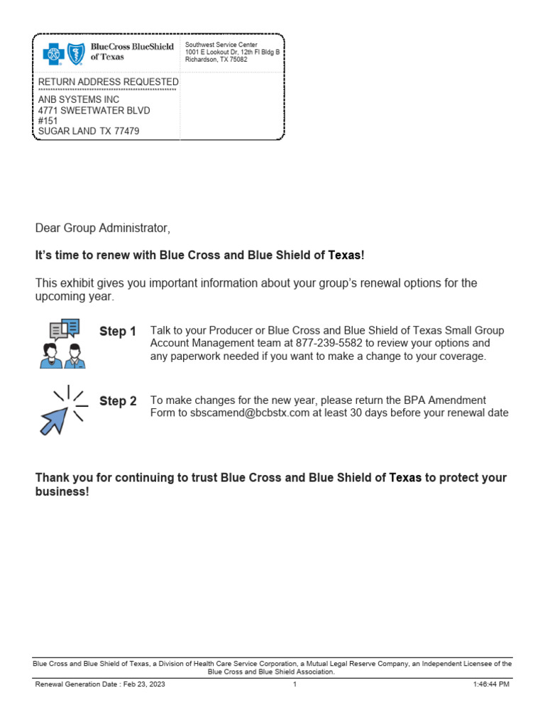 BCBSTX Renewal Options for ANB Systems | PDF | Blue Cross Blue Shield ...