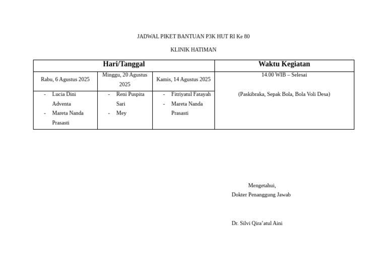 Jadwal Piket Bantuan p3k Hut Ri Ke 80 | PDF