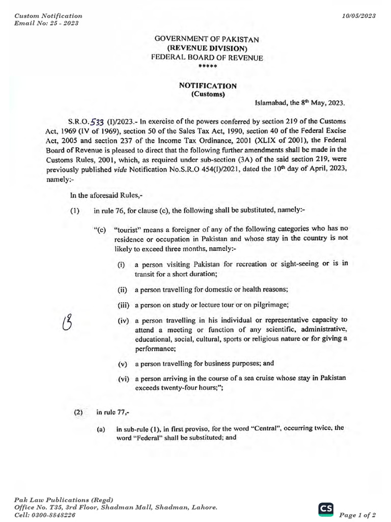 SRO 533-2023 Amend Baggage Rules | PDF
