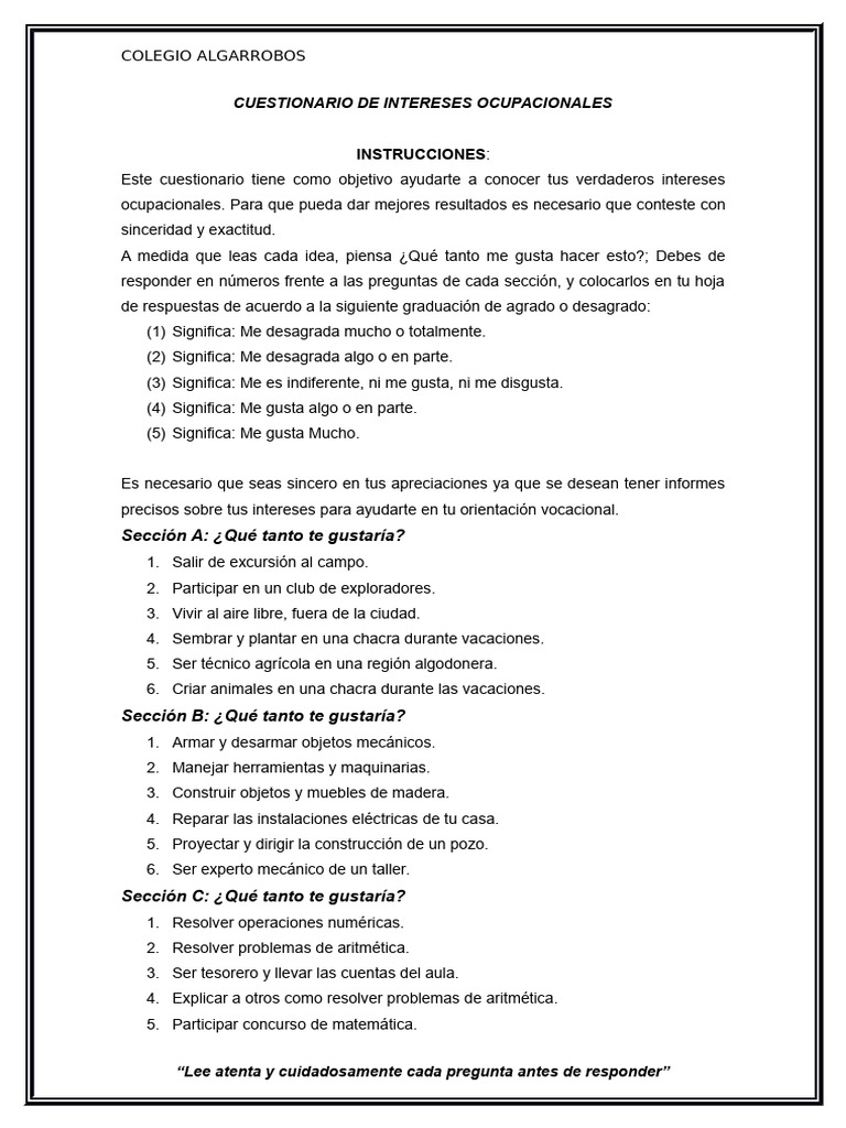 CUESTIONARIO de Intereses Vocacionales | PDF