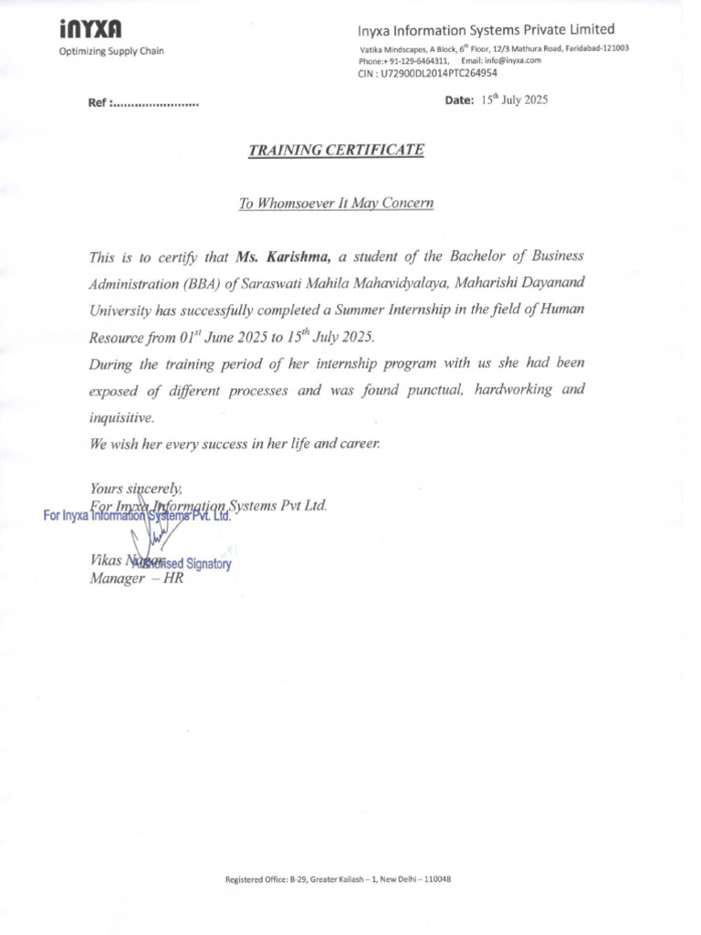 Training Certificate Karishma | PDF
