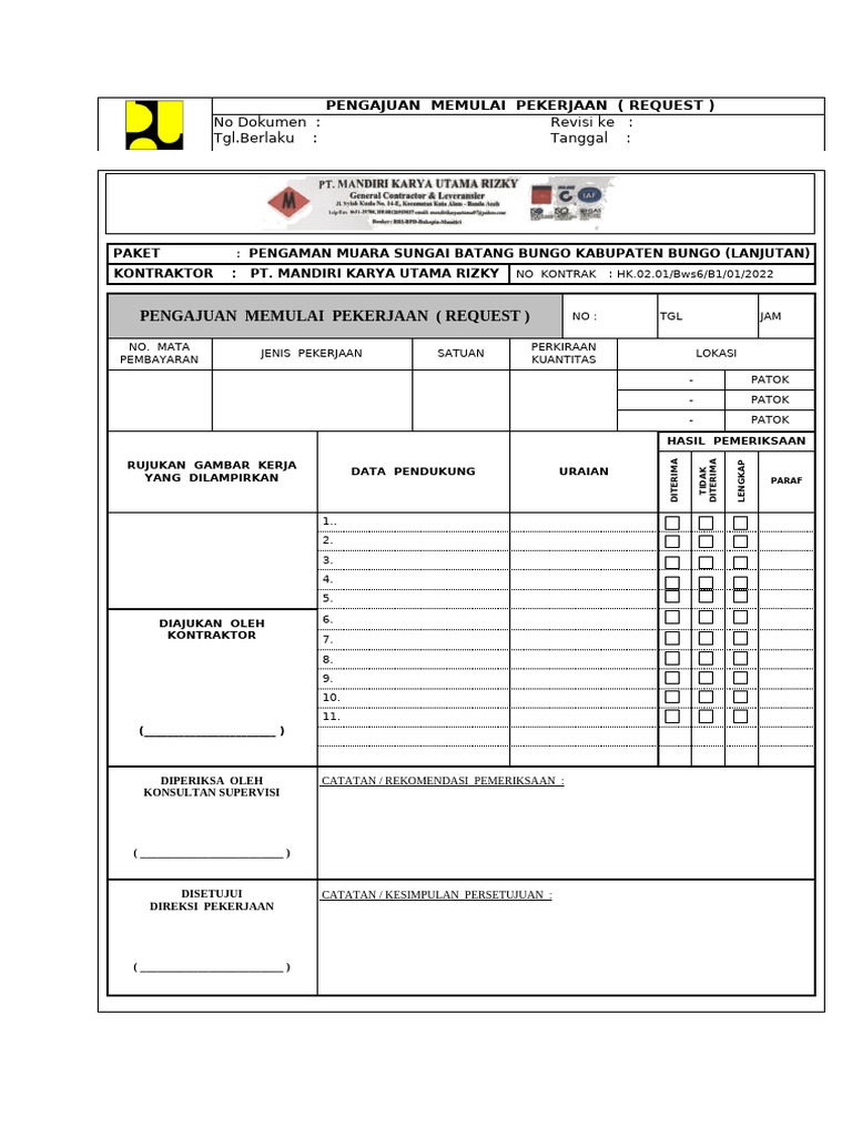 Pengajuan Mulai Pekerjaan Proyek Bungo | PDF