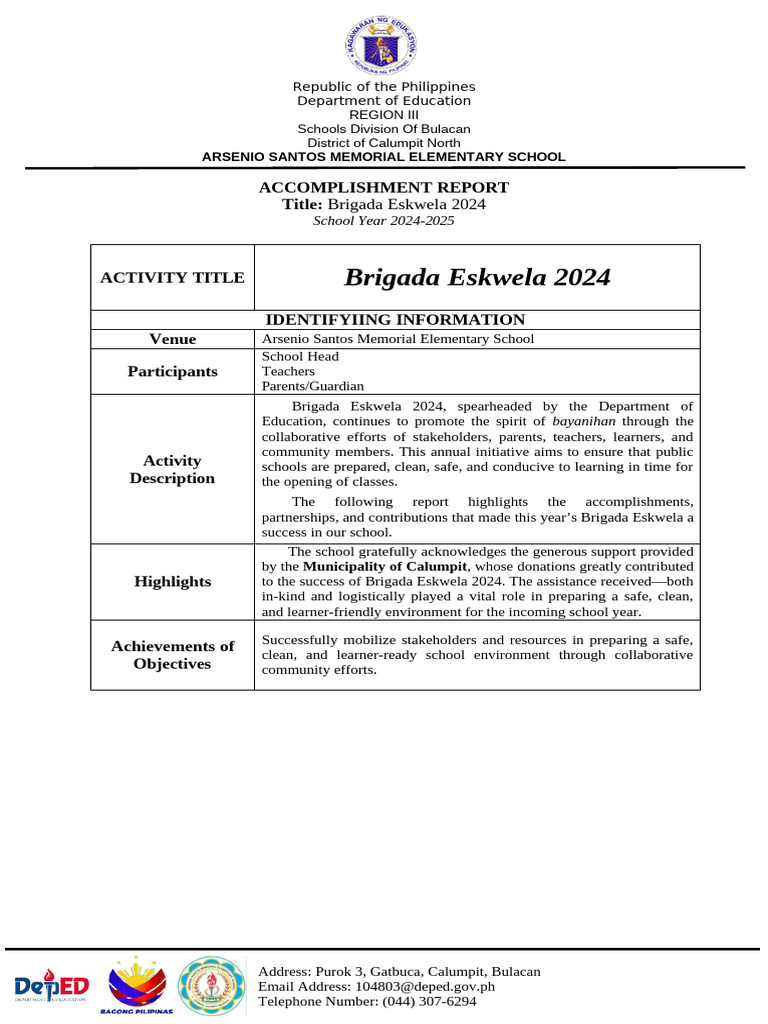 Brigada_accomplishment Report - Asmes | PDF